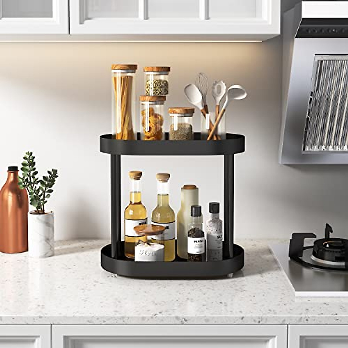 ZEALOTT 2 Tier Bathroom Organizer Countertop, Standing Rack Cosmetic Vanity Tray Kitchen Spice Rack, Stainless Steel Sink Storage Shelf, Black Oval Design