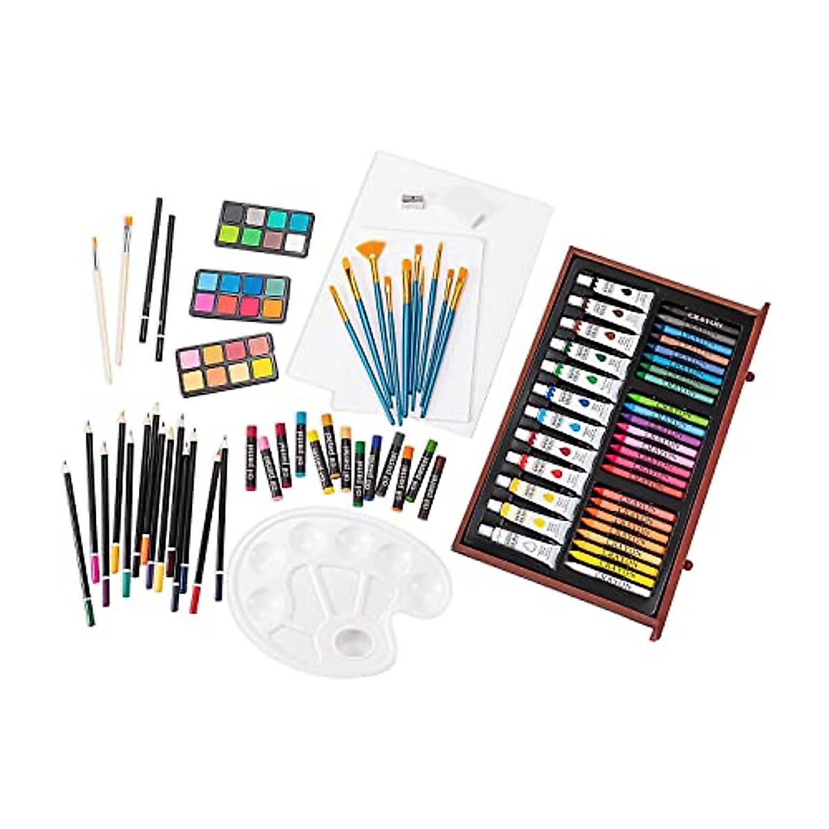 Art Supplies, 129-Piece Deluxe Wooden Art Set Crafts Kit with 2 Sketch Pads, Canvas Boards, Oil Pastels, Colored Pencils, Watercolor Cakes, Creative Gift for Kids, Teens, Beginners Girls Boys