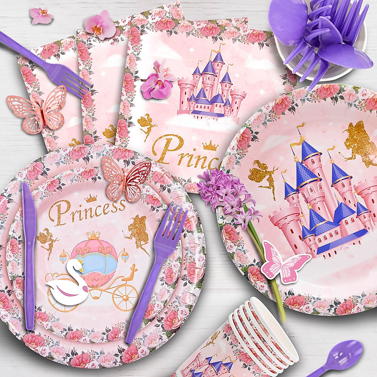 Party Spot! 208 PCS Princess Birthday Party Decorations For Girl, 12 Tableware Sets, Castle Balloons, Balloon Arch, Disposable Paper Plates, Backdrop, Balloon Pump, Princess Party Decorations