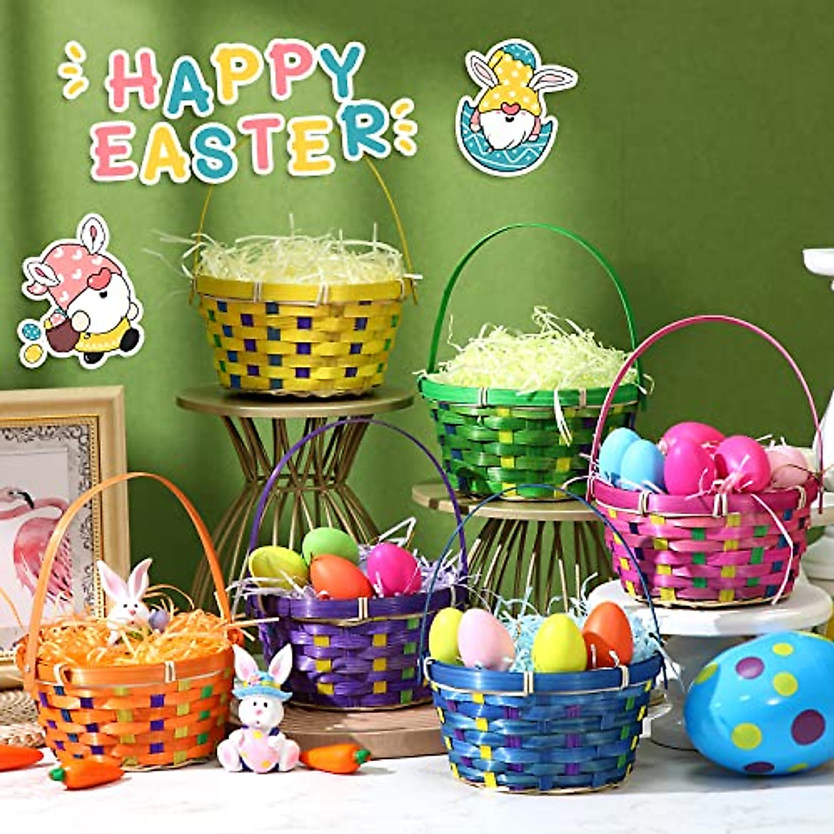 6 Pcs Easter Bamboo Basket with 24 Pcs Plastic Eggs and 480g Raffia Paper Grass, Handmade Woven Easter Basket with Handle for Egg Hunting, Picnic and Party Favors
