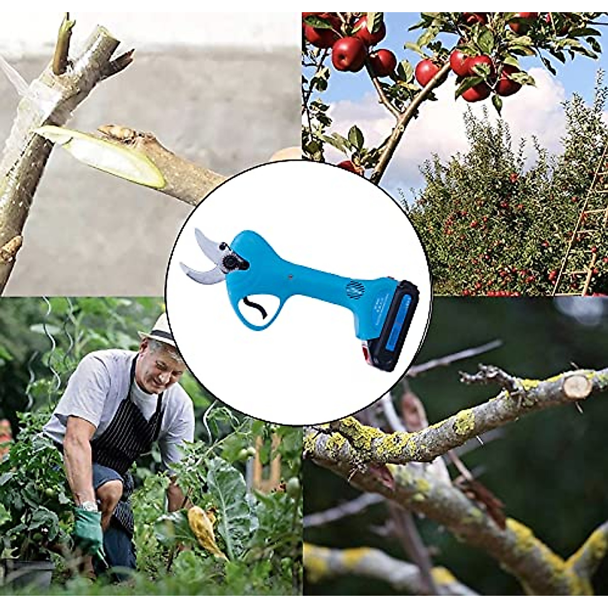 High Carbon Steel Cordless Electric Garden Scissors ,30MM (1.2 Inch) Blue Pruning Shears , Gardening Heavy Cordless Electric Scissors ,Complimentary One Pair of Gloves