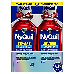 Vicks NyQuil SEVERE Cold & Flu Liquid Berry Flavored Medicine, Max Strength Nighttime Relief for Fever, Sore Throat, Minor Aches And Pains, Nasal Congestion, Sneezing, Cough, Twin Pack, 2 x 12 FL OZ