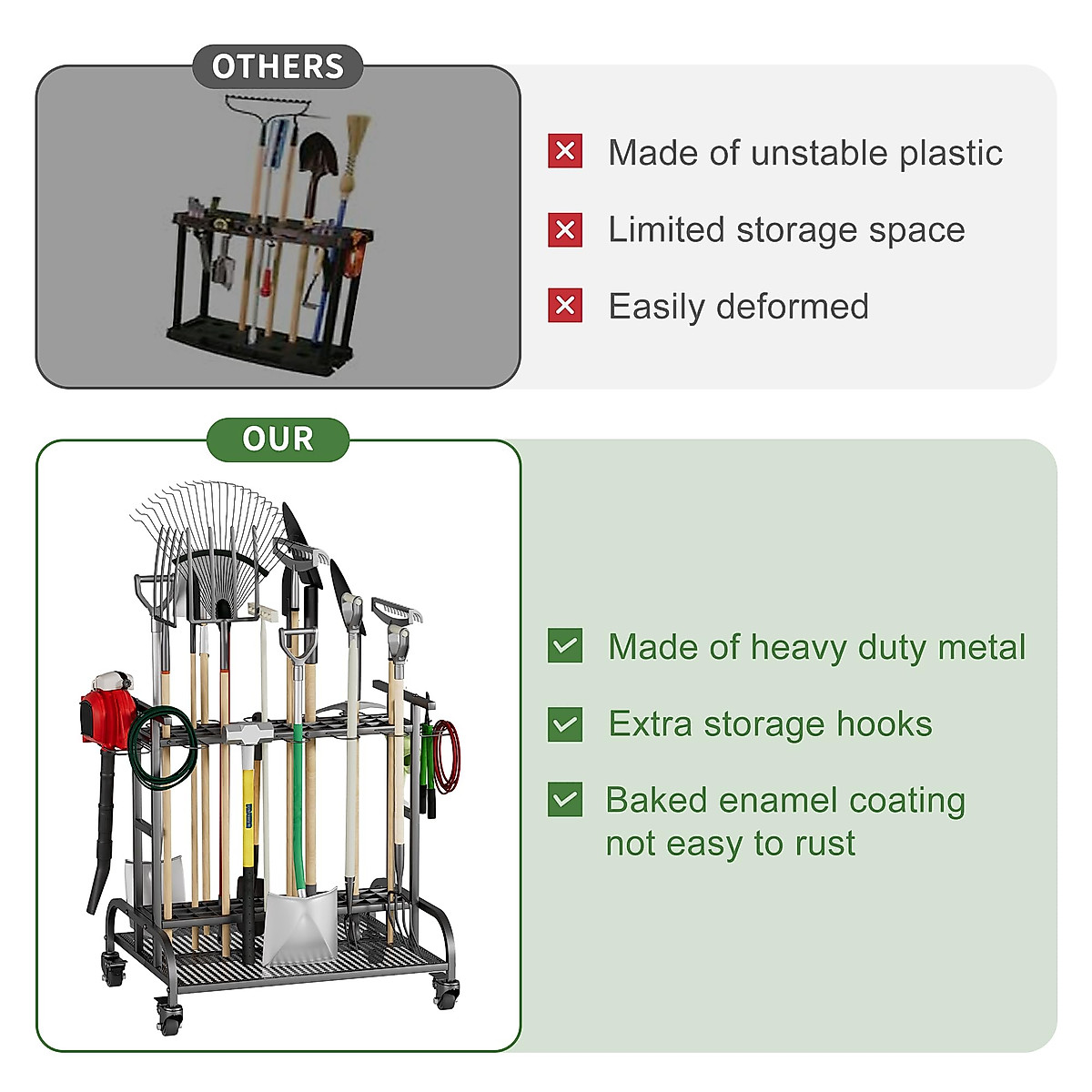bimiti Garden Tool Organizer Garden Tool Rack Freestanding with Brake Wheels Lawn Tool Organizer for Up to 61 Tools Heavy Duty Steel Outdoor Garden Tool Storage Yard Tool Storage
