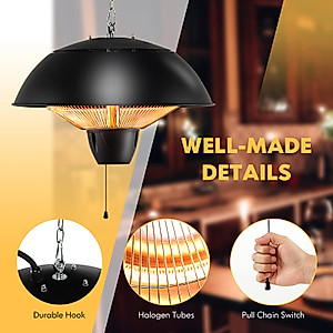 COSTWAY Hanging Patio Heater, 1500W Ceiling Mounted Infrared Heater with 1S Fast Heating, IPX4 Waterproof Electric Outdoor Heater for Large Room, Backyard, Garage