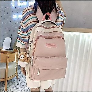 Aesthetic Backpack Cute Kawaii Backpack with Pendant 15.6 Inch College Cute Bookbag Laptop Bag Preppy Backpack (Pink,One Size)