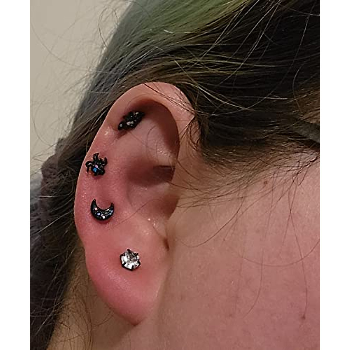 Melighting Black Helix Earrings 16G Spider Cartilage Earrings Surgical Steel 316L Halloween Bat Tragus Piercing Jewelry Moon Helix Stud Piercing Jewelry for Women Men