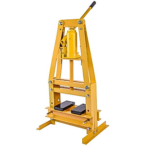 JEGS Hydraulic Shop Press | Steel With Yellow Finish | 6-Ton | Bench Top Mount | Up To 4 1/4-Inch Working Range | Includes 2 Press Plates | Lever-Action