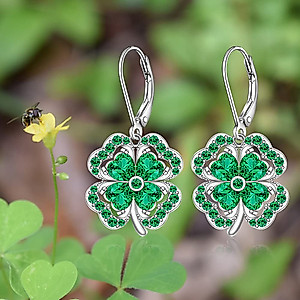 Shamrock Earrings St Patrick’s Day Earrings Four Leaf Clover Earrings for Women Sterling Silver Lucky Dangle Drop Green Clover Irish Celtic Gifts
