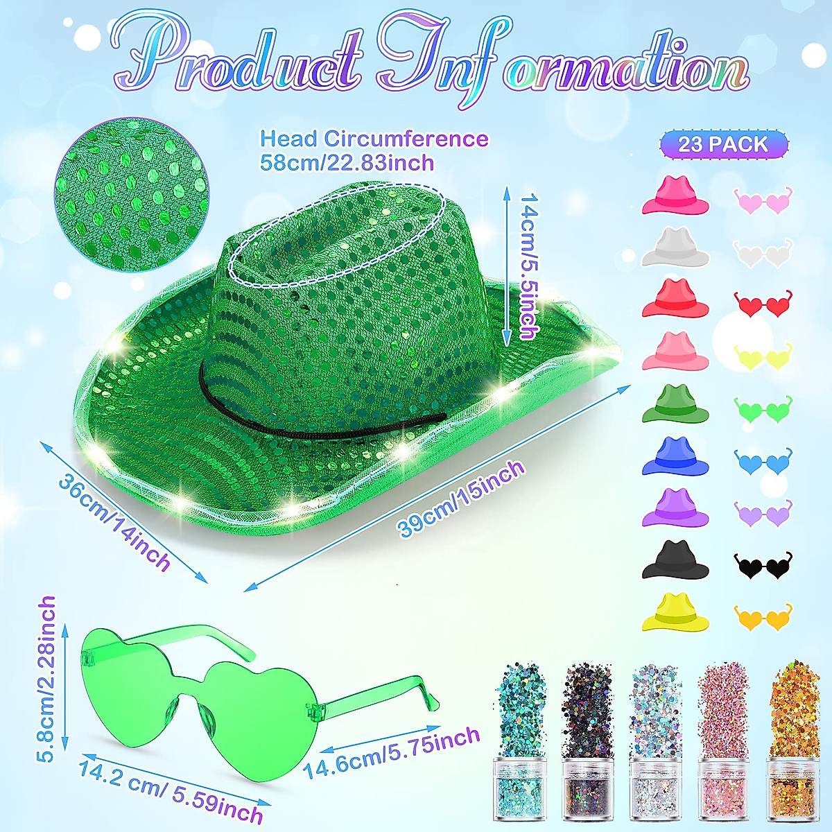 Coume 23 Pcs Cowboy Light up Hat Bulk Flashing Holographic Cowgirl Hats with Heart Sunglasses for Women Costume Accessories(Elegant Color, Delicate Style)