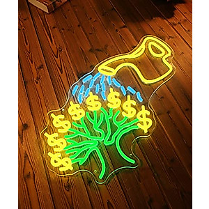 This is Money Tree LED Sign for Bedroom Wall, Large Neon Sign Wall Home Decor Suitable for Home, Bar, Studio, Club, or Restaurant Decor Green-ice Blue-Yellow