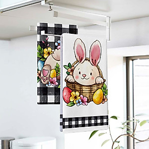 Seliem Easter Bunny Rabbit Kitchen Dish Towel Set of 2, Cute Eggs Flowers Hand Towel Black White Buffalo Plaid Check Drying Baking Cooking Cloth, Funny Spring Holiday Kitchen Decor 18x26 Inches