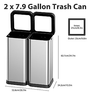 GAOMON 2x7.9 Gallon Kitchen Trash Can, Dual Compartment Waste Bins, Open Top, No Lid Stainless Steel Trash Bin for Kitchen, Office, Restaurant