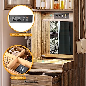 Vlsrka 70" H Vanity Desk with Flip Top Mirror, Small Vanity Desk with Mirror and Lights, Compact Vanity with Hidden Chair, Drawers, Power Outlet, Vanity Dressing Table for Small Spaces, Brown