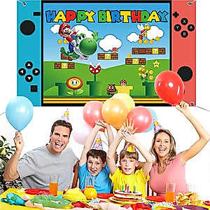 通用 Super Bros Mario Happy Birthday Backdrop Banner,Video Game Birthday Party Supplies Decorations,Super Theme Mario Bros Photography Poster Backdrop (C002)