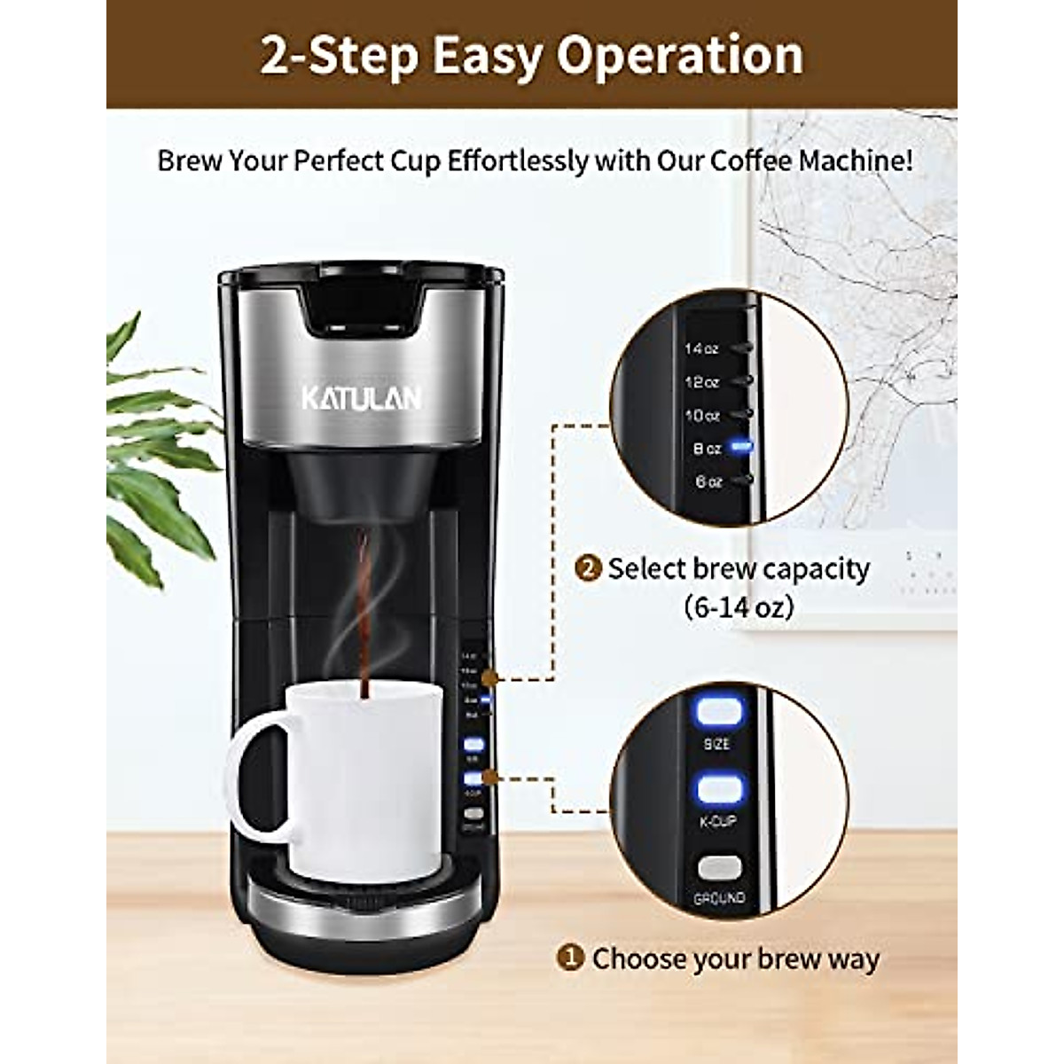 Single Serve Coffee Maker K Cup & Ground Coffee, One Cup Brews 6-14 Oz in 2 Mins, Fits Travel Mugs, with 30 Oz Removable Water Tank, Reuseable Filter, Black