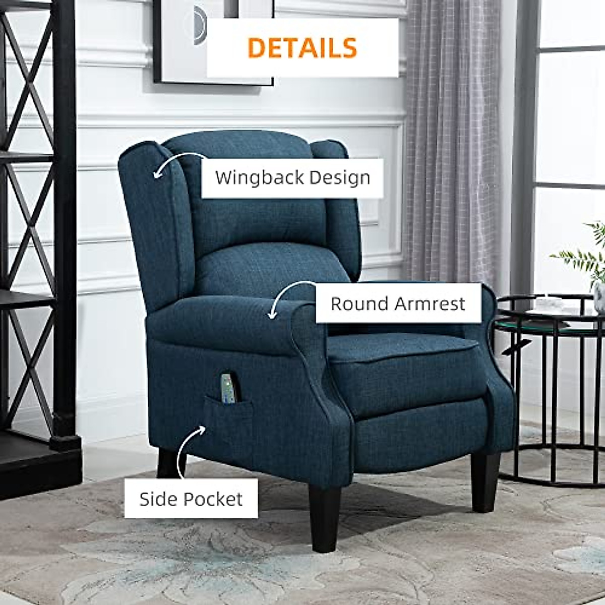 HOMCOM Vibrating Massage Recliner Chair for Living Room, Reclining Wingback Single Sofa with Heat, Linen Fabric Push Back Accent Chair with Footrest, Side Pocket, Dark Blue