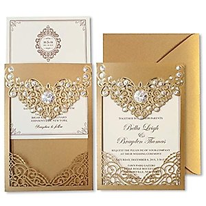 Picky Bride 25-Set Luxury Pocket Wedding Invitations, European-style Ivory Blank Cards, Gold Envelopes and Seals, 127 x 185mm
