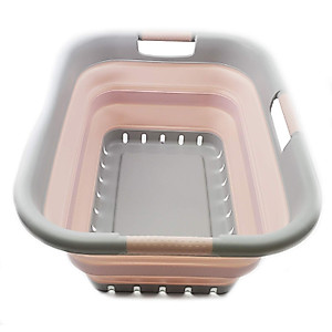 SAMMART 41L Collapsible Plastic Laundry Basket - Foldable Pop Up Storage Container/Organizer - Portable Washing Tub - Space Saving Hamper/Basket (3 handled rectangular, Grey/Pink)