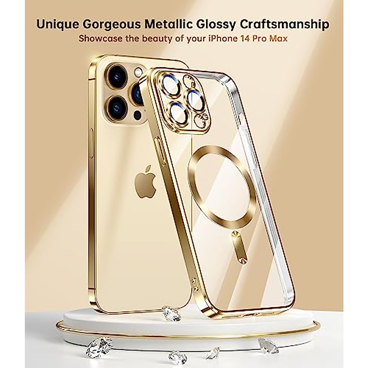 Waldeng for iPhone 14 Pro Max Case with Integrated Camera Lens Protector, [Compatible with MagSafe] [Original iPhone Exterior], Crystal Clear Case for iPhone 14 Pro Max 6.7", Gold
