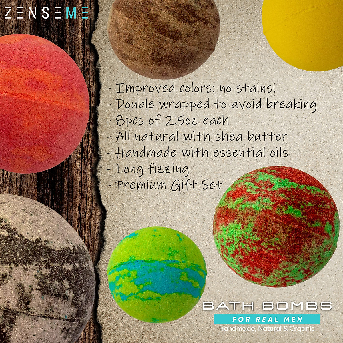 Bath Bombs for Men, Gift Set of 8 Scented Organic Handmade Bath Bombs of 2.5 oz with Natural Essential Oils. Perfect for Boyfriend, Husband, Father or Friend, by ZenseMe