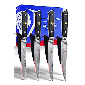 DALSTRONG Steak Knives Set - 5 inch - Shogun Series ELITE - Damascus - Japanese AUS-10V Super Steel - 4 Piece - Razor Sharp Fillet Knives - Table Set - Razor Sharp Kitchen Knife Set - Sheaths Included