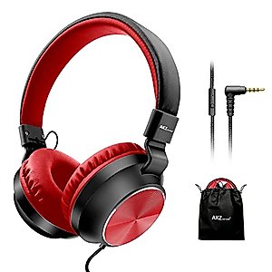 AKZ On-Ear Headphones with Microphone, Foldable Headphones with Tangle-Free Cord, Headphone with HD Sound, 3.5MM Jack, Portable Wired Headphones for School/Kids/Smartphones/Tablet/Travel (Red/Black)