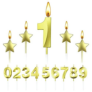 BEAN LIEVE Gold Birthday Candles - Golden Number 1 Cake Candle and Star Candles for Cake, Birthday Cake Candles Topper Decoration for Birthday、Wedding and Anniversary Party Celebration (Gold 1)
