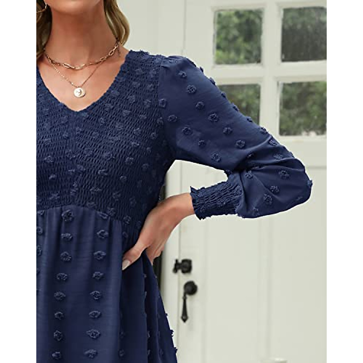 Maggeer Spring Summer Long Sleeve Dress for Women 2024 A Line Swiss Dot Cowgirl Ladies Church Smocked Mini Babydoll Causal Dresses Navy L