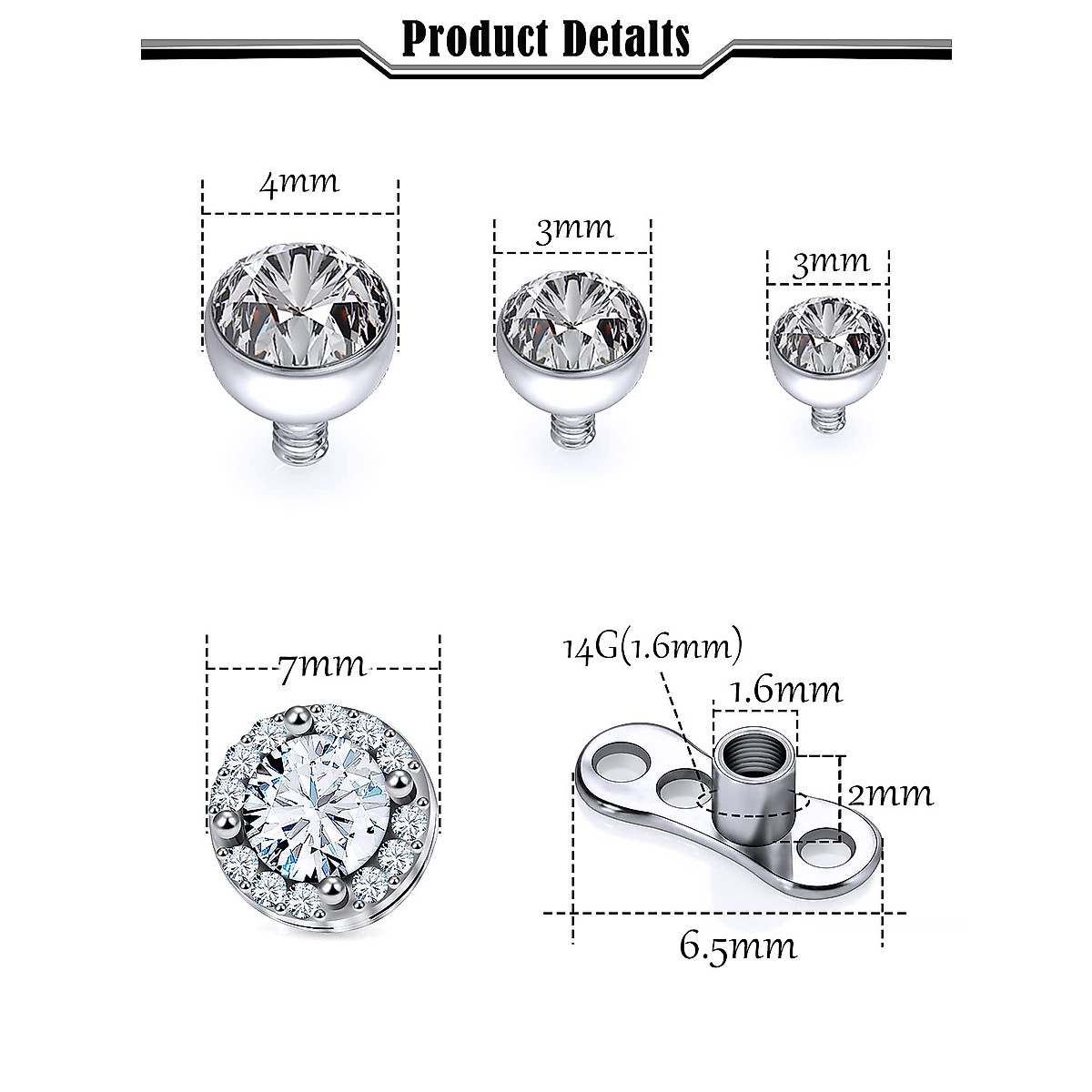 Uqnwbdq Dermal Piercing Jewelry Dermal Top Dermal Anchor Dermal Jewelry kit Dermal Base Jewelry 316L Surgical Stainless Steel Titanium Microdermal Gem CZ Diamond Dermal Piercing Jewelry for Women Men