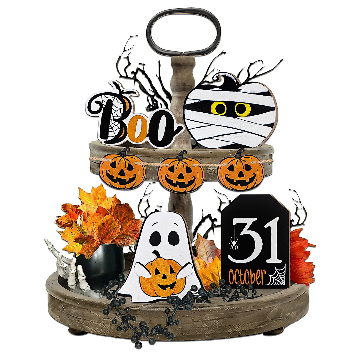 Guoofu Halloween Tiered Tray Decor, Farmhouse Tray Decorations, Funny Boo Ghost Mummy Pumpkin Wooden Signs, Halloween Scary Home Decor for Tabletop Shelf Mantel Party