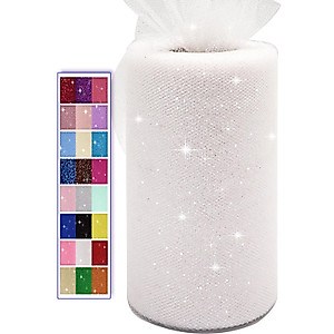 Glitter Tulle Fabric Rolls, 6 Inch 50 Yards (150ft) Sparkling Spool Ribbon Sequin Netting for Tutu Skirt Gift Wrapping Wedding Party Decoration (White)