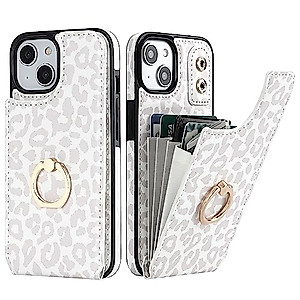 HAOPINSH for iPhone 13/ iPhone 14 Wallet Case with Card Holder, 360°Rotation Ring Kickstand, White Leopard Cheetah Pattern, RFID Blocking Leather for Girls Women, Double Buttons Flip Protective 6.1"