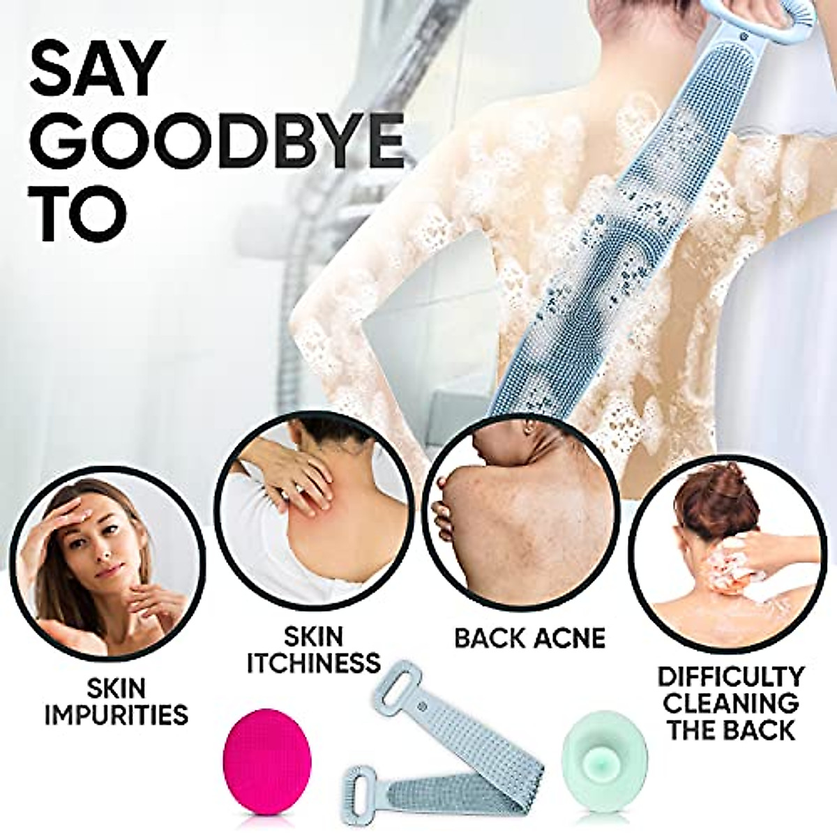 Extra Long Silicone Back Scrubber With Facial Cleansing Brush | Back Scrubber For Shower | Silicone Body Scrubber | Face Exfoliator, Back Scratcher, Bath Accessories | Cleanse and Soften Your Skin