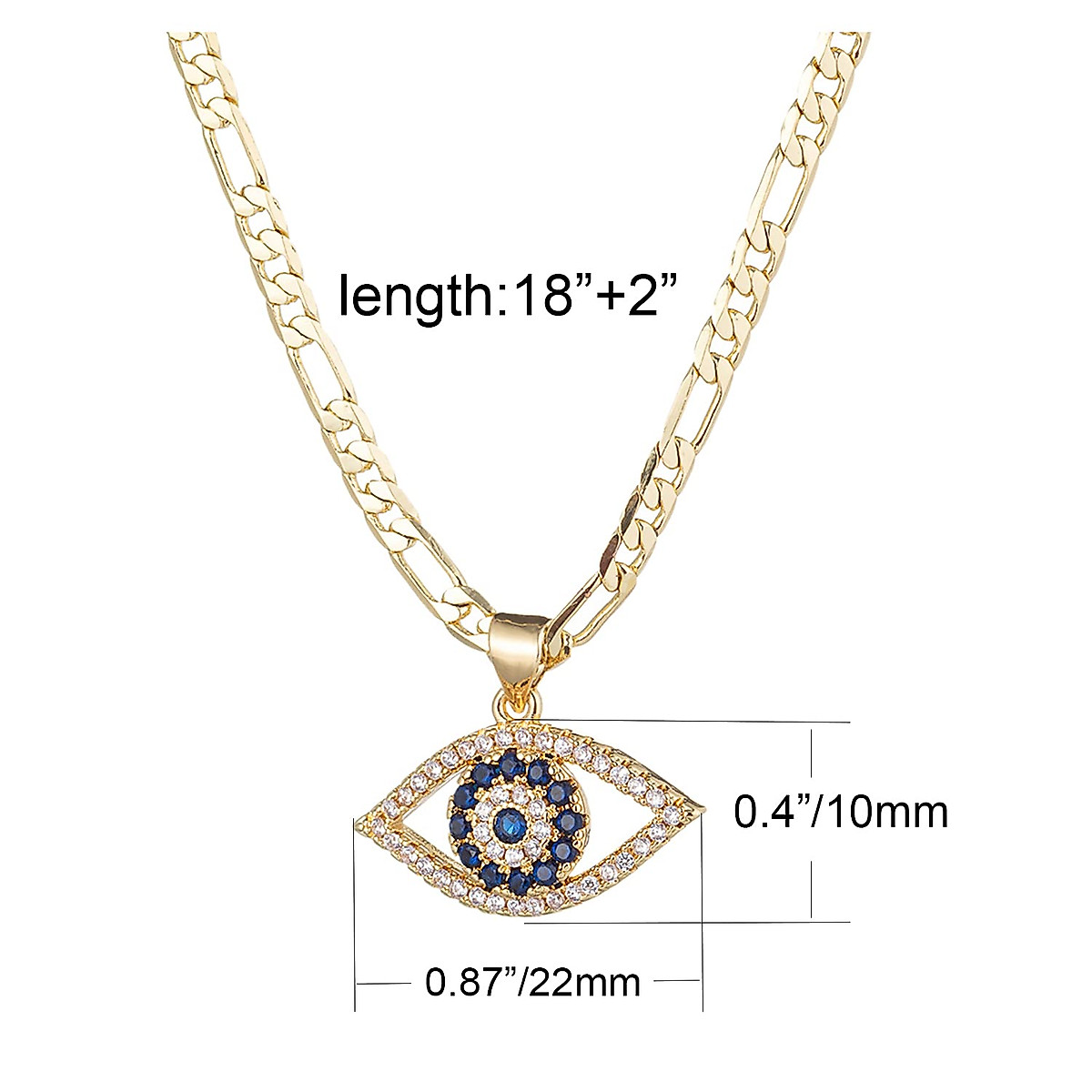 kelistom Evil Eye Necklace for Women | 18K Gold Plated Cubic Zirconia Inlay Evil Eye Pendant Necklace | 3mm Figaro Chain Necklace 18/22 inches (length: 18", eye-1)
