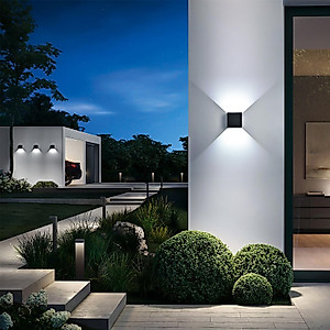 Mille Lucciole 4 Pack Outdoor Wall Lights Exterior/Interior LED Wall Sconces IP65 Waterproof Square Aluminum Wall Lamps Outdoor Lighting Fixture Up and Down Lights Modern Black 12W 6500K Cold Lights