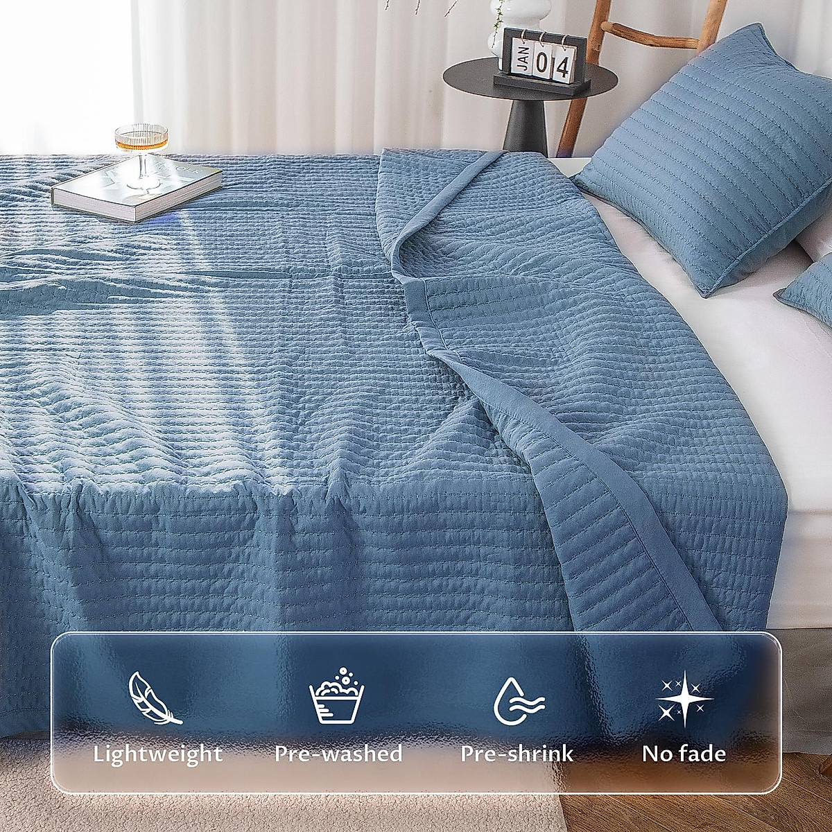 KASENTEX Quilt Mini Set-Stone Washed-Super Soft Bedspread-Light Weight-White Down Alternative Microfiber Fill-Machine Washable-Solid Colors, 2 King Shams, Blue