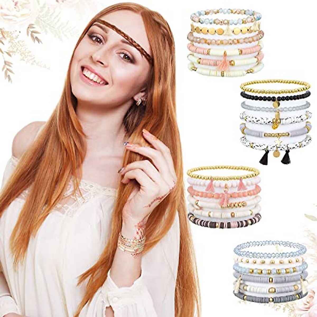 Jadive 24 Pieces 4 Set Bead Bracelets Heishi Stackable Bracelets for Women Clay Boho Disc Bracelets Y2K Aesthetic Layering Boho Surfer Bracelets Bohemian Bracelet Christmas Beach Jewelry for Women