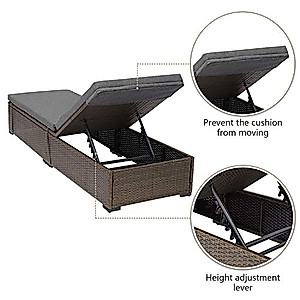 Kinsunny Outdoor PE Wicker Lounge Chair Patio Reclining Chair Furniture Set Beach Pool Adjustable Backrest Recliners with Dark Grey Cushions