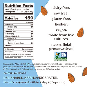 Kite Hill Plain Unsweetened Almond Milk Yogurt, 32 Ounces, Dairy Free, Live and Active Cultures, Gluten Free, Non-GMO, Vegan