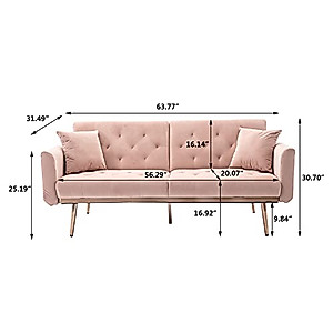 HBHM Velvet Accent Sofa, Loveseat Mid Century Modern Velvet Fabric Couch, Convertible Futon Sofa Bed, Recliner Couch Accent Sofa Loveseat Sofa with Gold Metal Feet,Pink