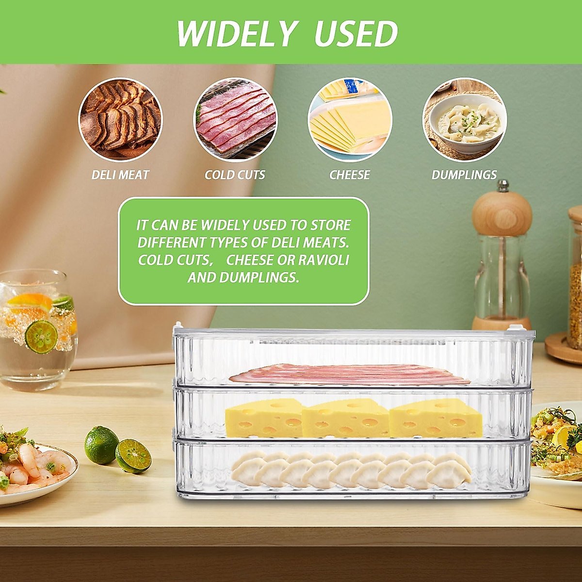 Deli Meat Container for Fridge, 3 Layer Bacon Lunch Meat Container for Refrigerator, Deli Meats Containers with Lids, Storage Boxes with Lid for Cold Cuts, Bacon Storage Box for Fridge