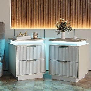 Furmax Nightstand with LED Light, Set of 2 Night Stand with Drawers, White Bedside Table, Modern End Side Table for Bedroom