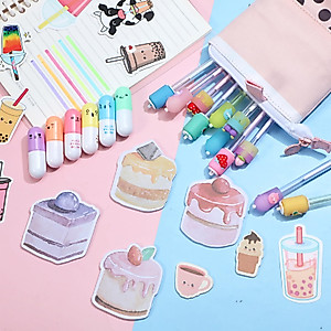 228 Pcs Kawaii Stationary Set Include Telescopic Boba Pencil Pouch Case Bag Gel Ink Pen Sticky Note Bubble Tea Sticker Pill Highlighter Stationary Cute School Supplies for Christmas Gift Kids (Vivid)