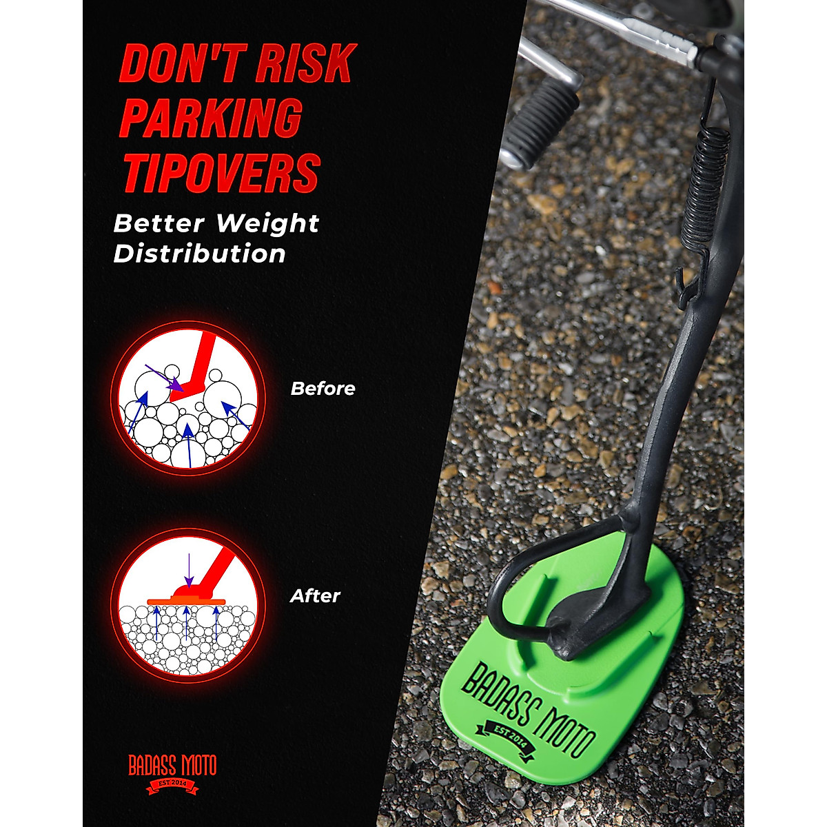 Badass Moto Motorcycle Kickstand Pads - Motorcycle Pads Durable Motorcycle Kickstand Plate, Biker Kick Stand, Motorcycle Stand Pad - Park Your Bike on Hot Pavement, Grass, Soft Ground - Go Fast Green