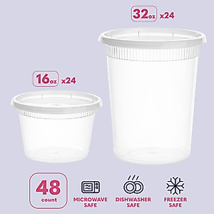 Food Storage Containers With Lids, Plastic Deli Containers Variaty Pack, Soup Containers With Airtight Lids Meal Prep To Go, Microwave, Freezer & Dishwasher Safe BPA-Free, 48 Pack, 16 & 32 Oz