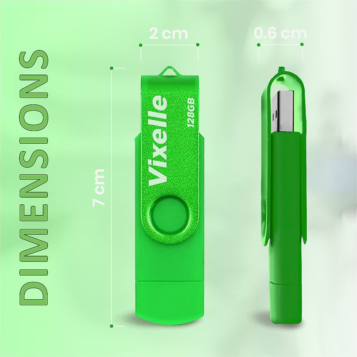 Vixelle 128GB High Speed USB 3.0 Type-C Flash Drive with Lanyard – 2in1 Dual USB C Memory Stick - 360° Swivel Pen Drive with Keychain Loop – 128GB USB Stick for Smartphone, Tablet & Computer - Green