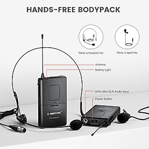 Phenyx Pro Wireless Microphone System, VHF Wireless Mic Set with Handheld Microphone/Bodypack/Headset/Lapel Mics, Stable Signal, Cordless Mic for Singing, Karaoke, Church, DJ (PTV-1B)