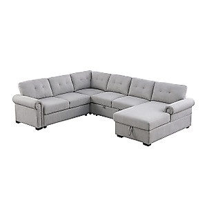 Sleeper Sofa with Pull Out Couch 6 Seater Modular Sectional Sleeper Sofa Bed with Storage Chaise, Fabric Sofa Sleeper Couch with Pullout Bed
