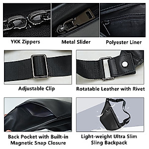 Masa Kawa Ultra Thin Slim Black Leather Sling Crossbody Backpack Bag For Women Men 7.9" Tablet Chest Bags Small Cycling Hiking Camping Travel Casual Daypack