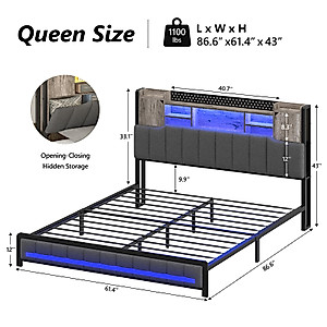 Queen Bed Frame with 3-Tier Headboard & 2 Hidden Storage, LED Lights Upholstered Bed Frame Queen Size with Charging Station, Platform Metal Bed Frame with Storage, No Box Spring Needed, Charcoal Gray